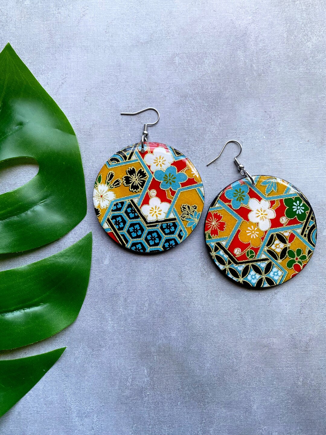 Japanese Print 2 Medium Sized Circle Wood Dangle Earrings - Etsy