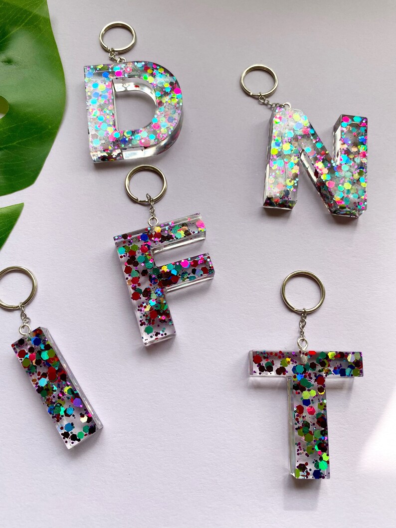 Rainbow Confetti Resin Keychain Art Letter Keychain - Etsy