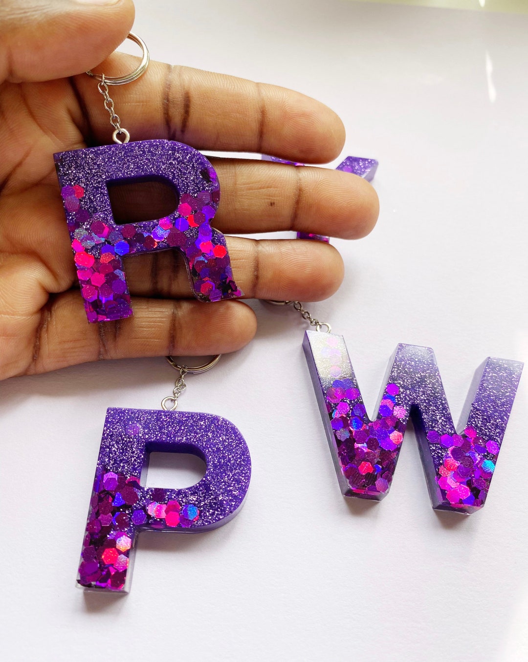 The Royal Sparkle Resin Keychain Art | Letter Keychain | Purple Glitter ...