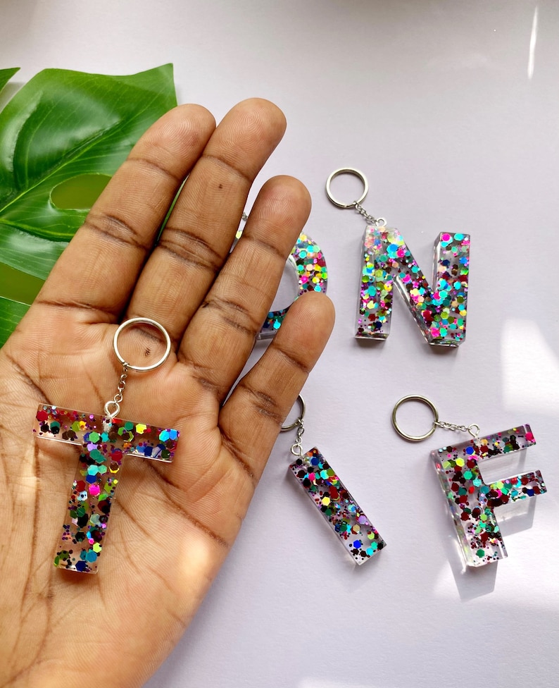 Rainbow Confetti Resin Keychain Art Letter Keychain - Etsy