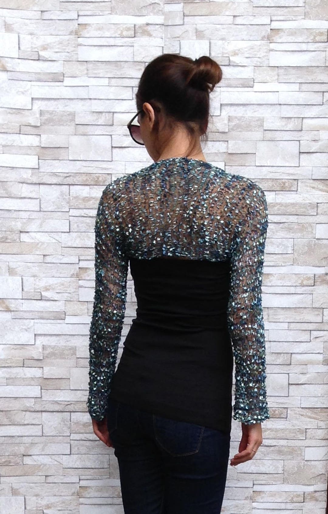 Aqua Blue Melange Hand-knitted Shrug • Long Sleeve Bolero • Bridesmid ...