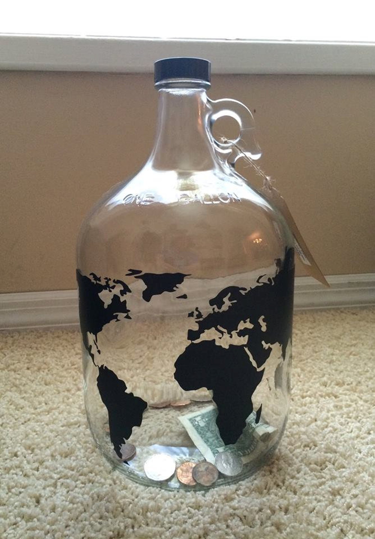 World Map Money Jar Travel Fund - 1 Gallon Glass Jug With World Map in ...