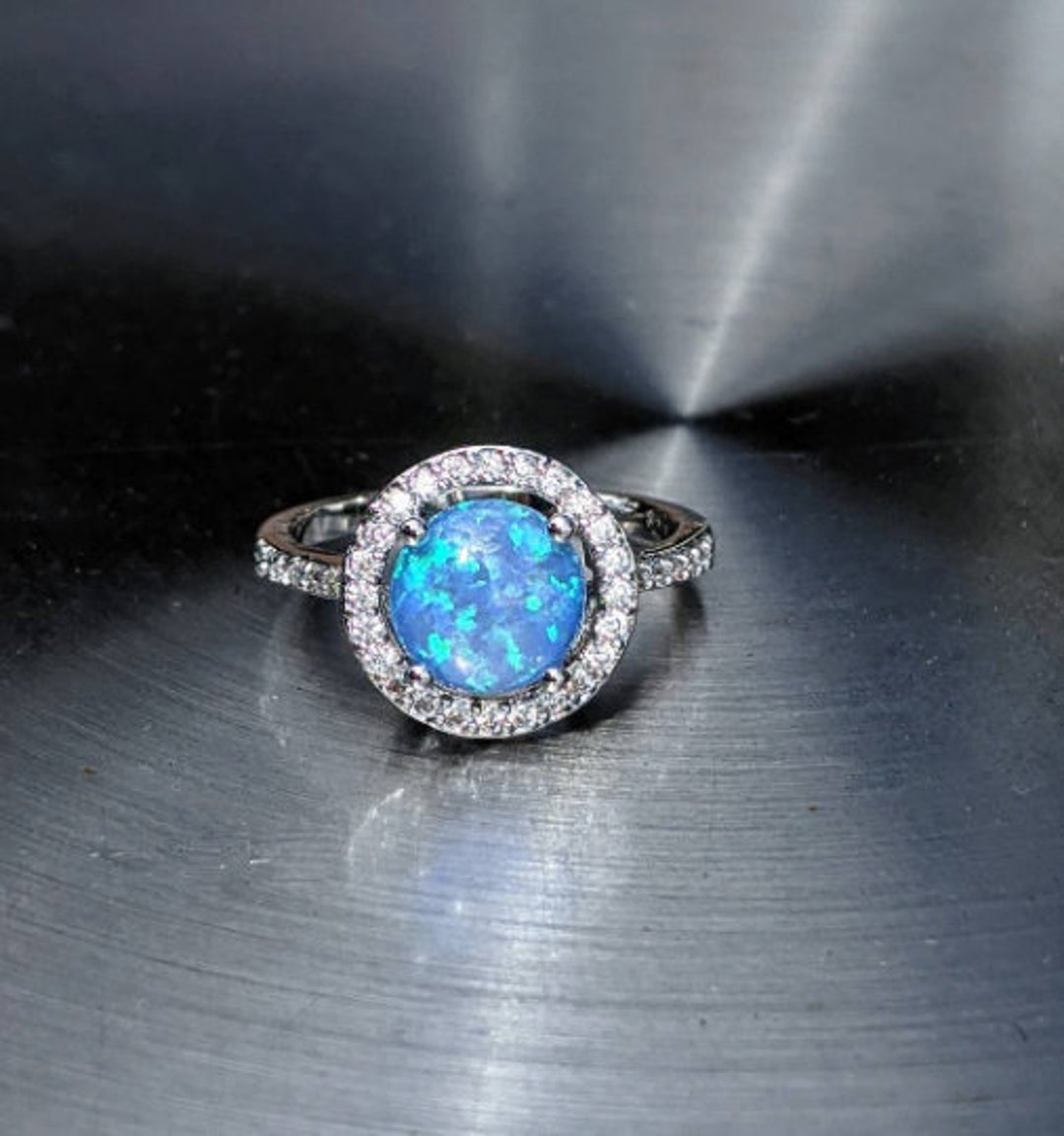 Blue Fire Opal Ring - Sterling Silver - 8mm Fire Opal Ring With Halo Natural Blue Fire Opal Ring ...