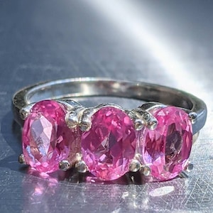 Genuine Pink Sapphire Ring Size 7, Sapphire Ring 3 Stone Ring Sterling ...