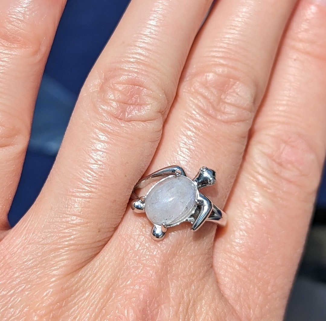 Cute Moonstone Ring Oval Turtle Moonstone Ring Sterling Rainbow Blue ...