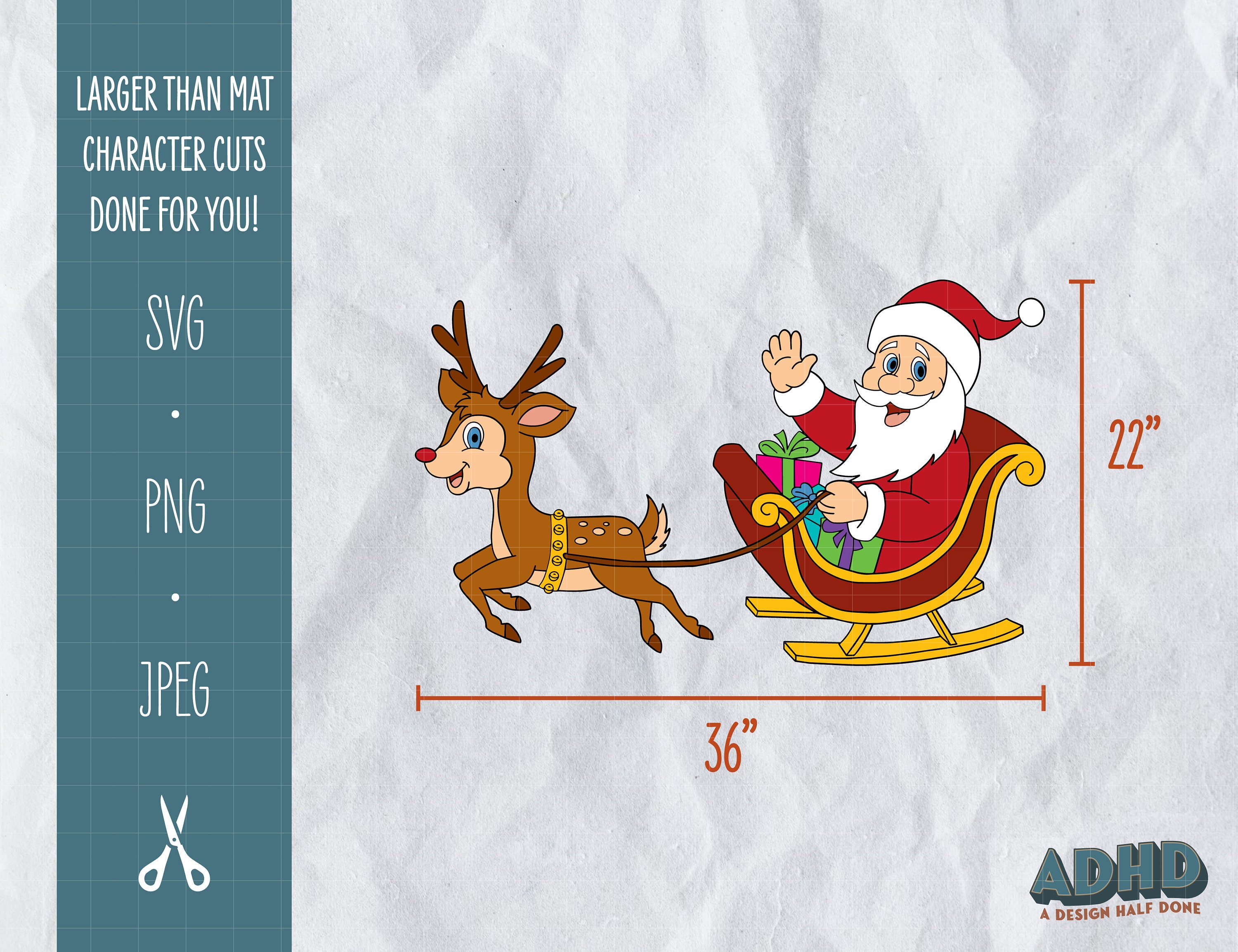 Larger Than Mat / off the Mat 36" Christmas Santa Sleigh & Reindeer ...