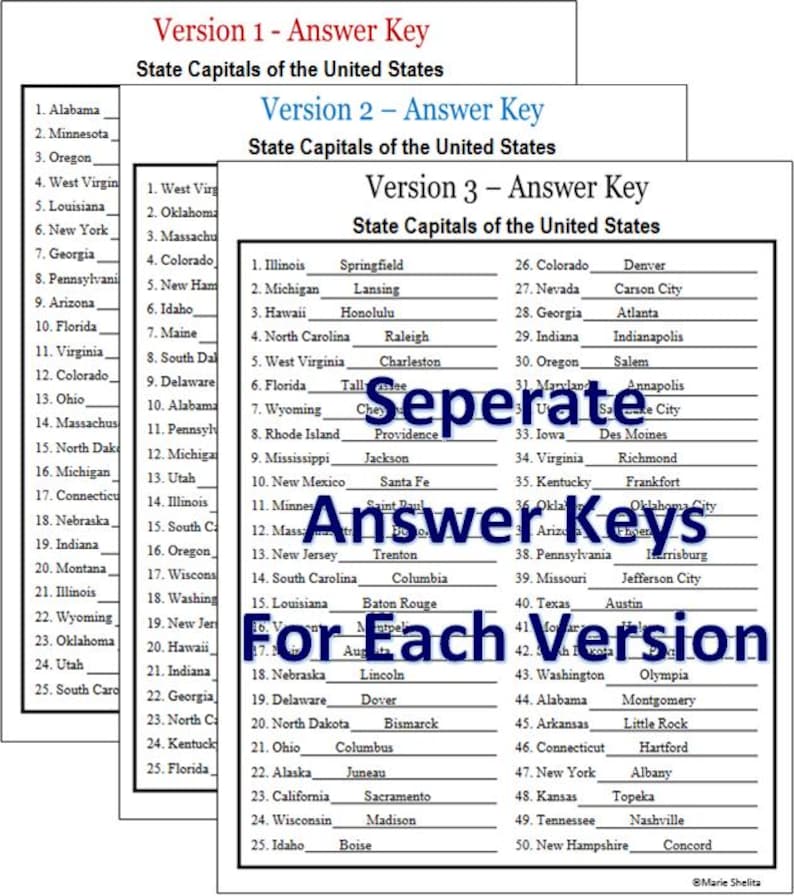 State Capitals Worksheet~state Capitals Quiz~state Capitals Test~state ...