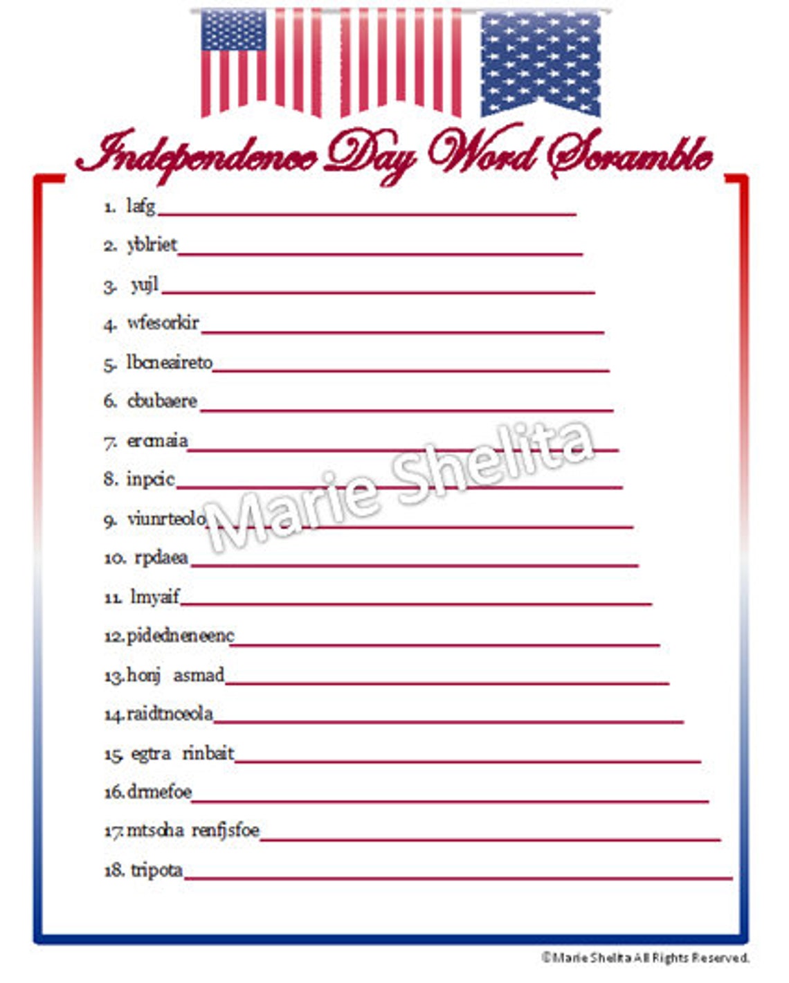 Printable Independence Day Word Scramble Game4th of July Word Gamejuly ...