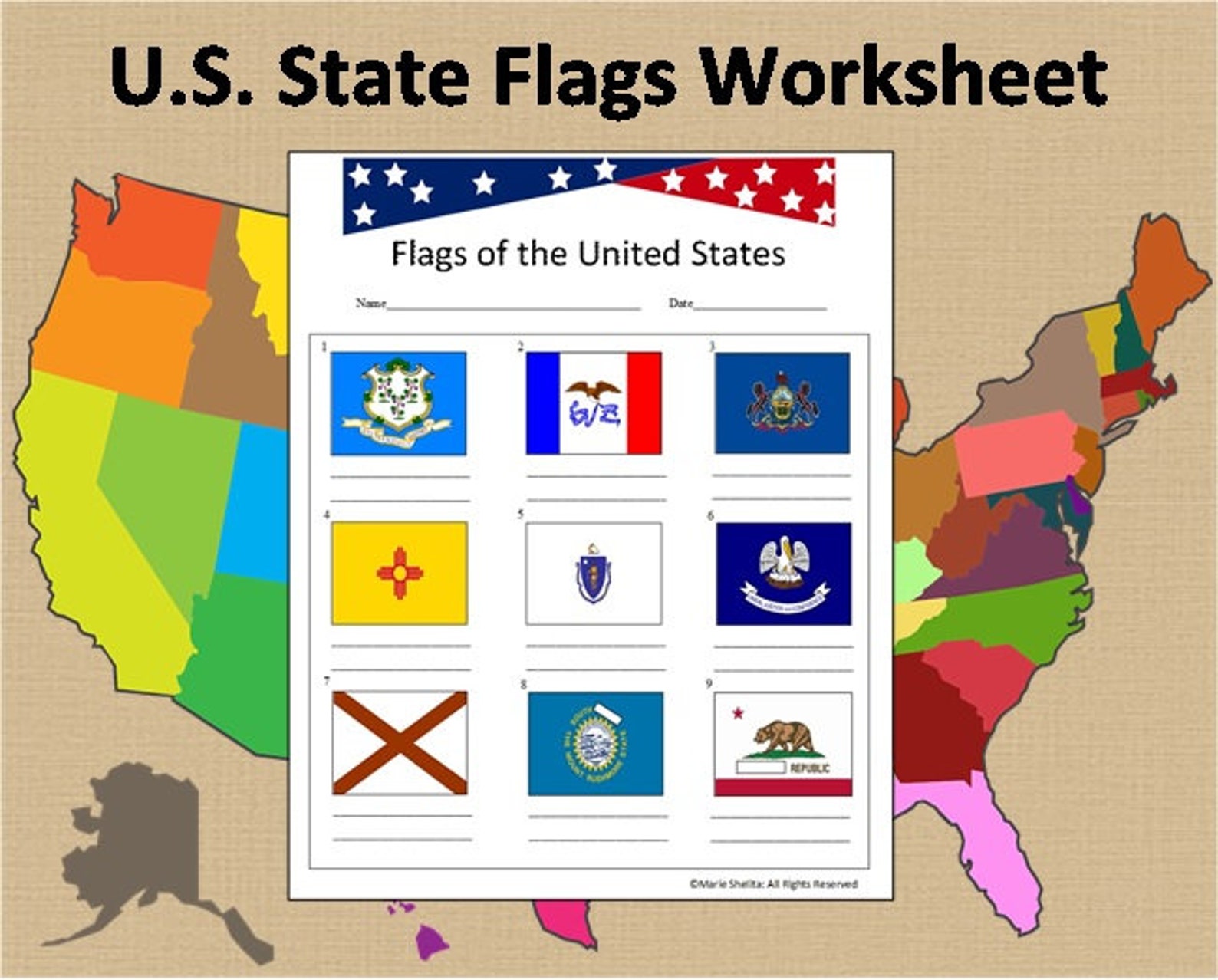 Printable U.S. State Flag Worksheet~u.s. State Flags Practice Test~u.s ...
