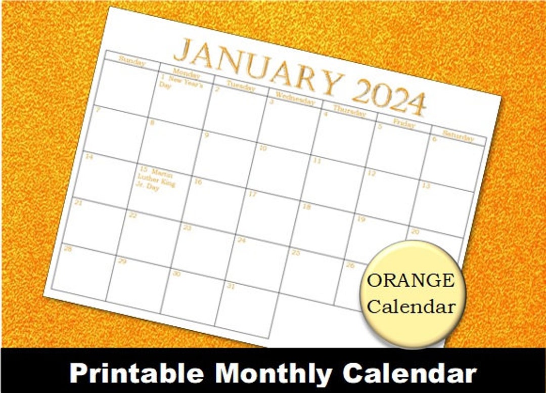 ORANGE 2024 Printable Calendar With Holidayssimple Orange Instant ...