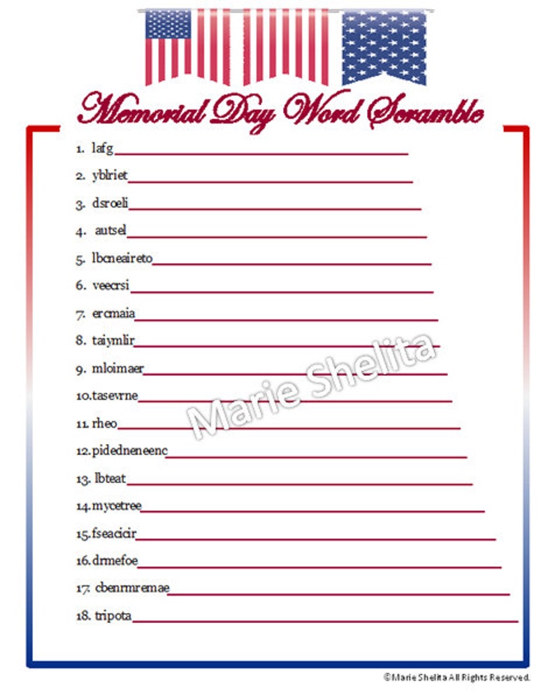 Instant Download Memorial Day Word Scramble Game~memorial Day Printable ...