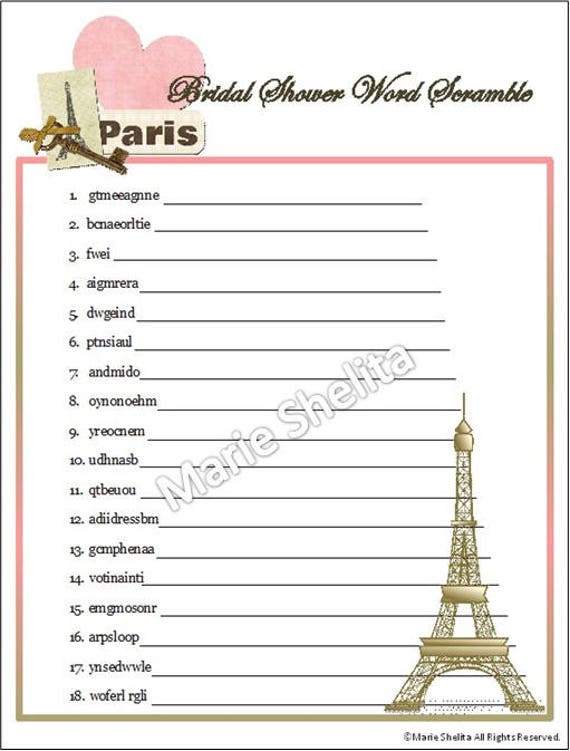 Paris Bridal Shower Word Scramble 11 London Baby Shower Ideas | Paris