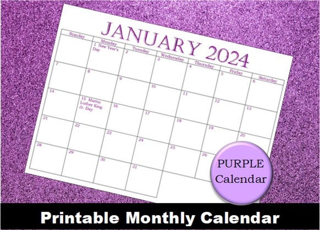 Letter Sizepurple 2024 Printable Calendar With Holidayssimple Purple ...