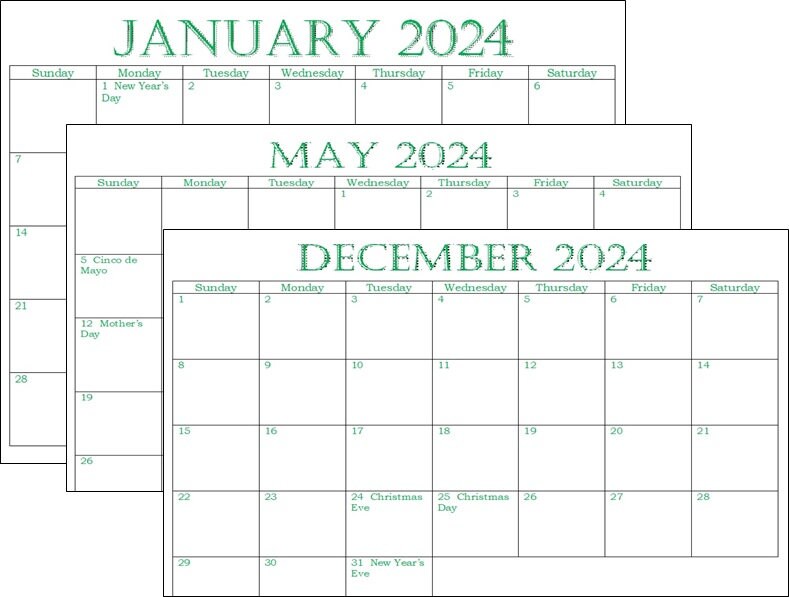 Letter Sizegreen 2024 Printable Calendar With Holidayssimple Green ...