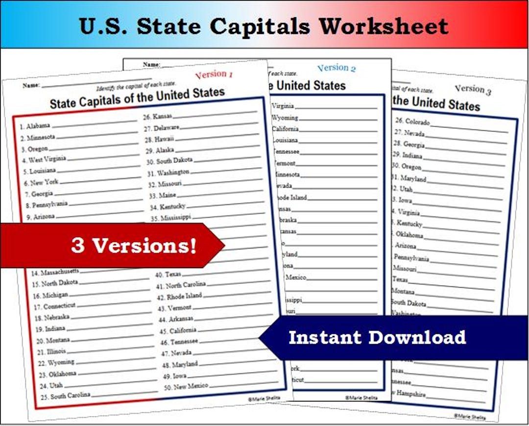 State Capitals Worksheet~state Capitals Quiz~state Capitals Test~state ...