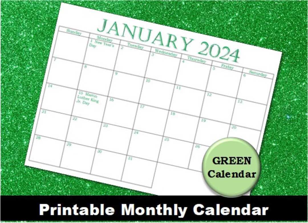Letter Sizegreen 2024 Printable Calendar With Holidayssimple Green ...