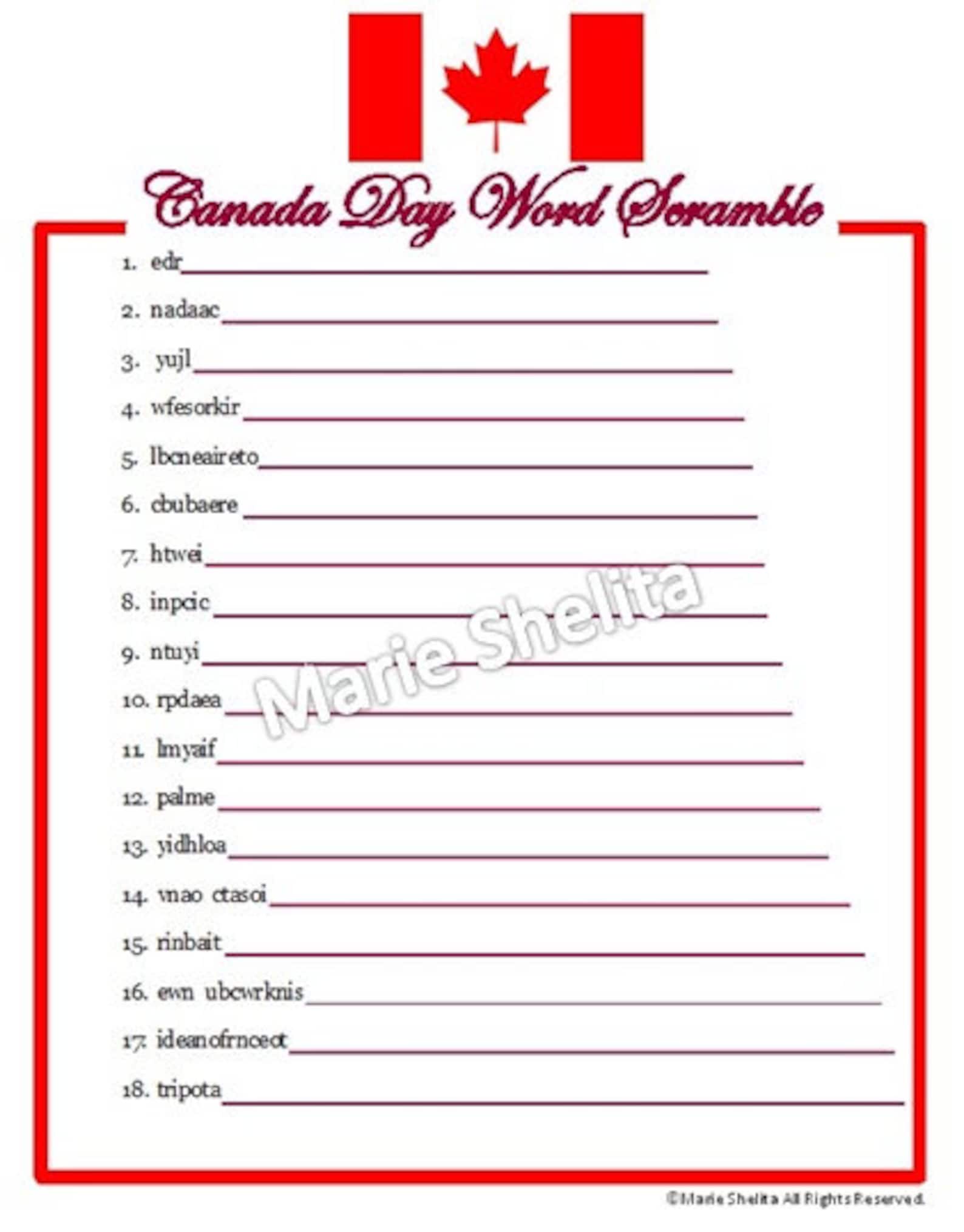 Printable Canada Day Word Scramble Gamedigital Canada Day Word ...