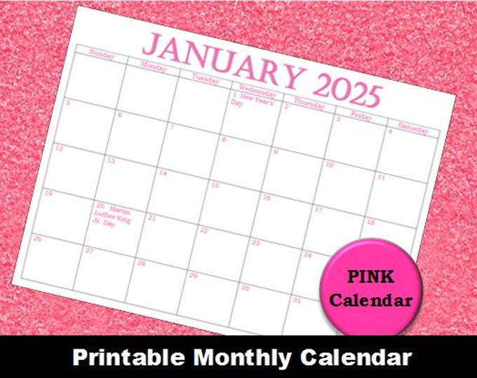 Monthly Calendar 2025 | Pink Pastel | Printable PDF Format | Digital ...
