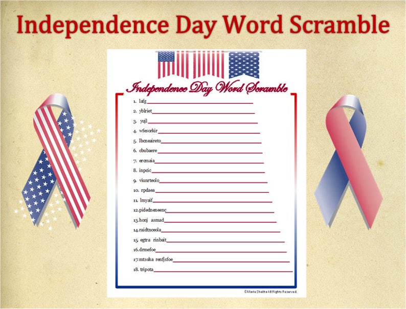 Printable Independence Day Word Scramble Game4th of July Word Gamejuly ...