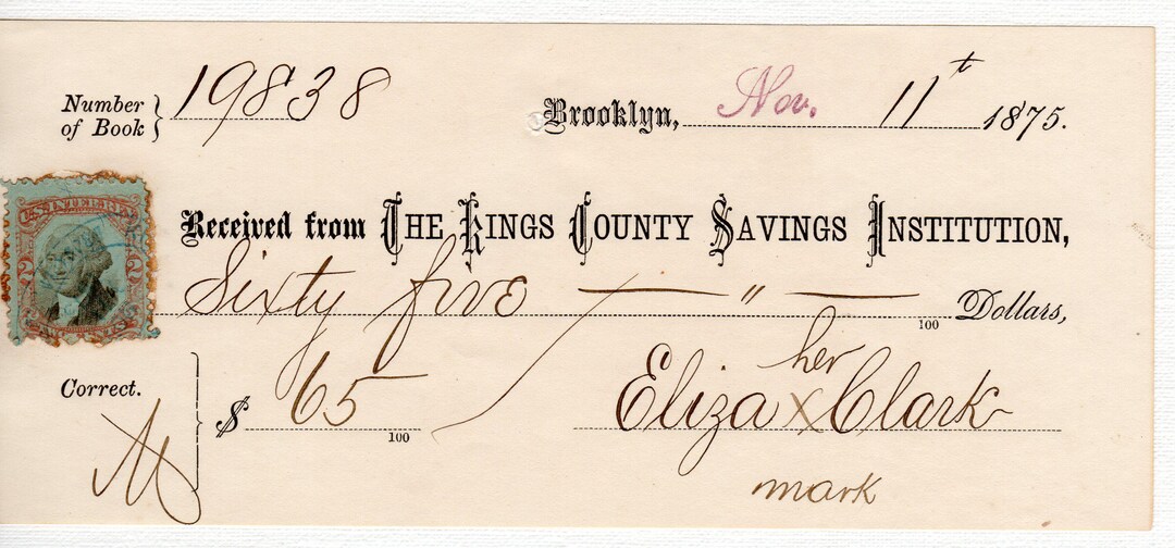 Antique 1875 Bank Check Cheque Paper Money Financial New York City ...