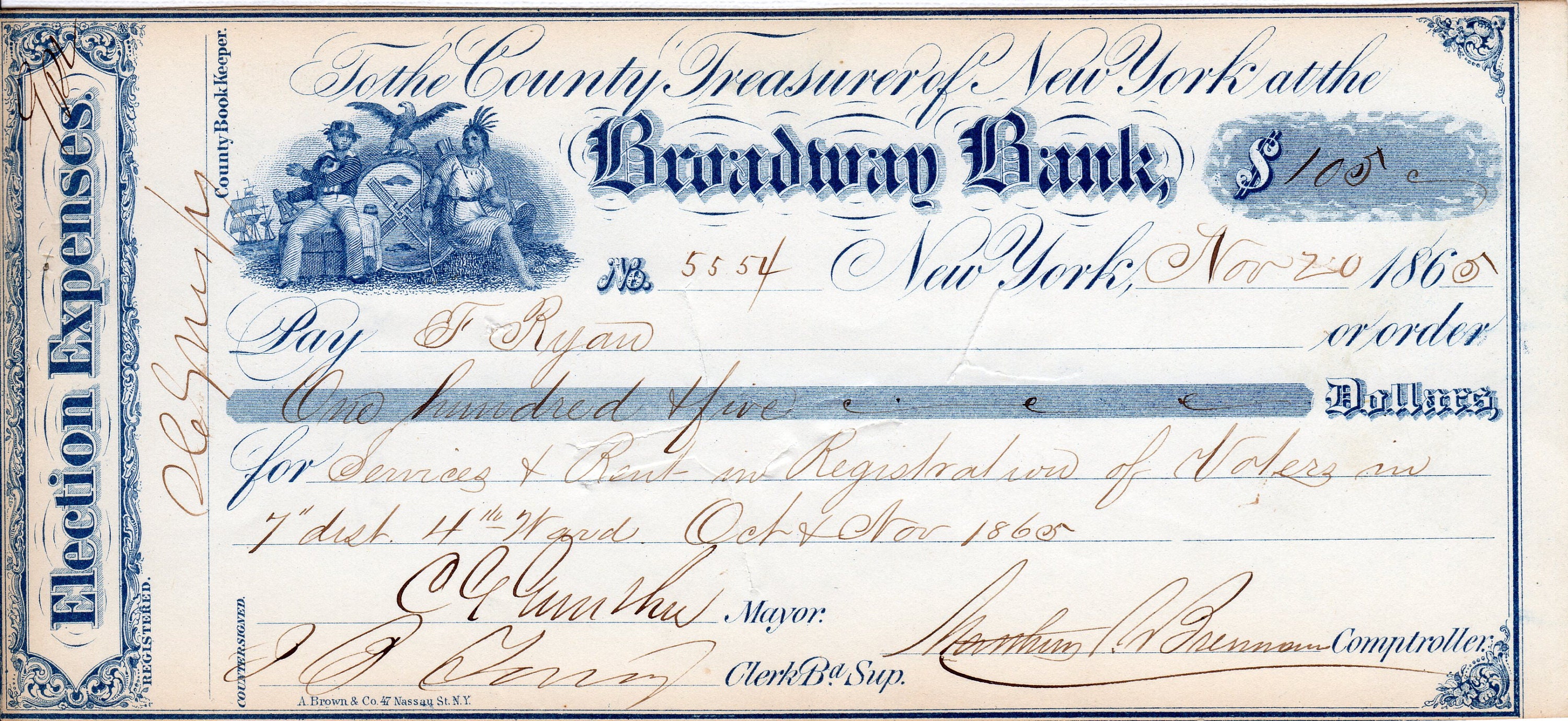 Four Cheques Checks National Broadway Bank Treasurer Mayor Comptroller ...