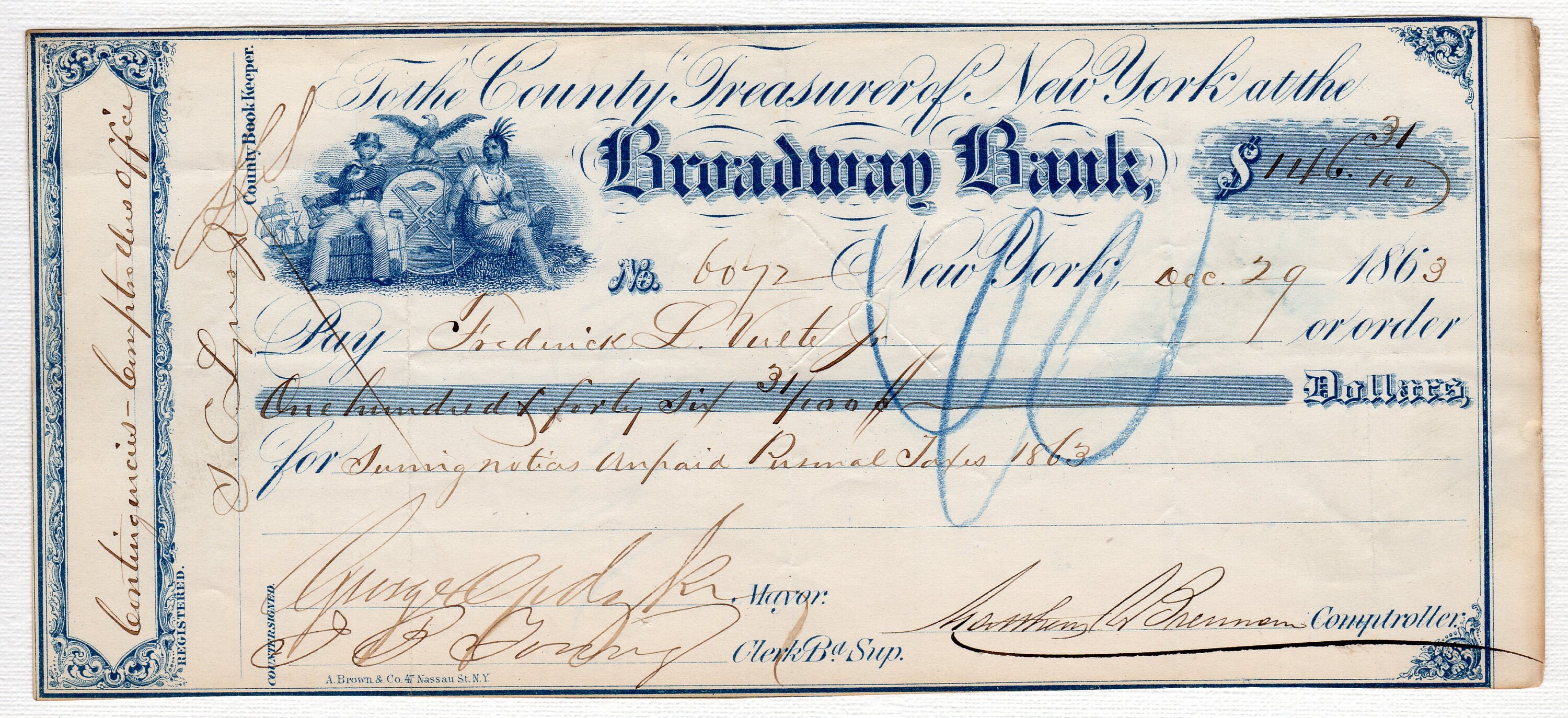 Four Cheques Checks National Broadway Bank Treasurer Mayor Comptroller ...