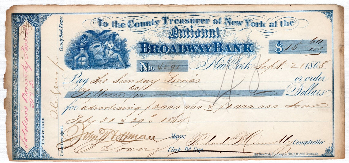 Four Cheques Checks National Broadway Bank Treasurer Mayor Comptroller ...