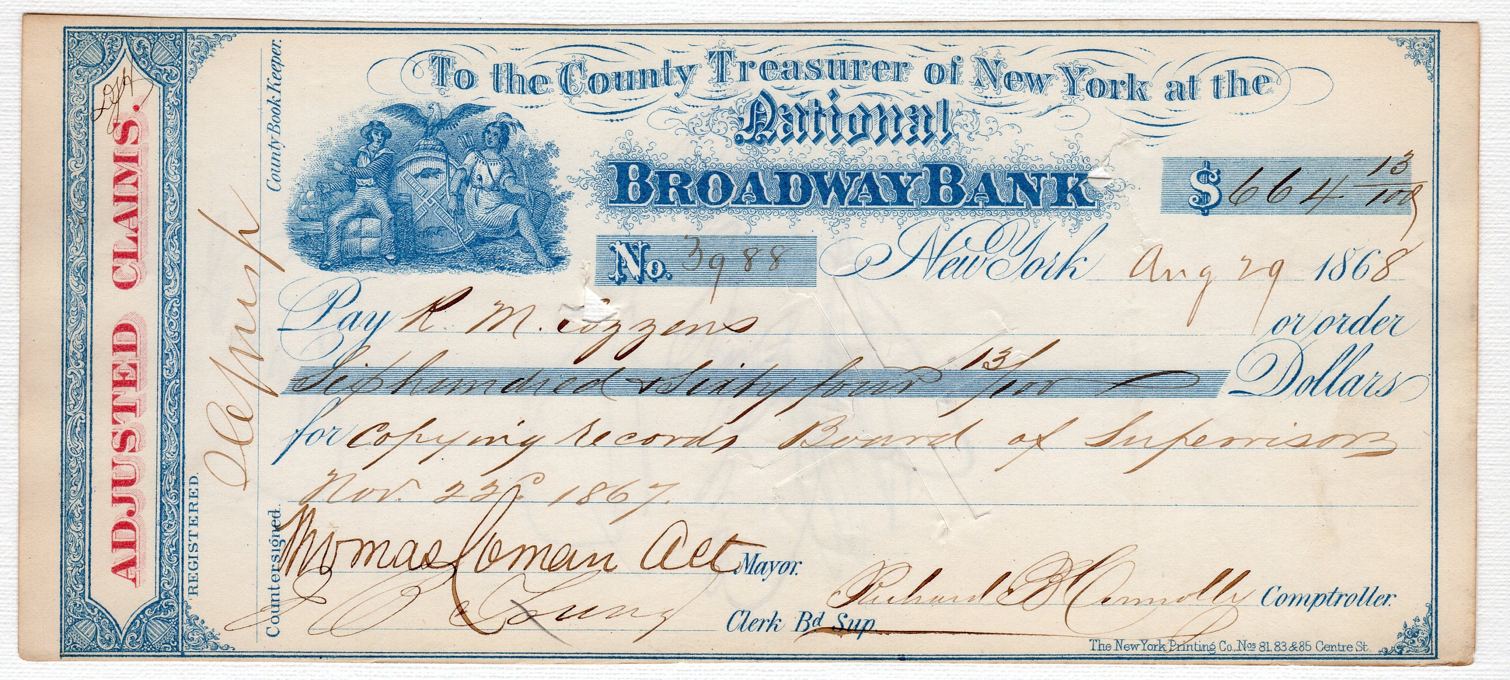 Four Cheques Checks National Broadway Bank Treasurer Mayor Comptroller ...