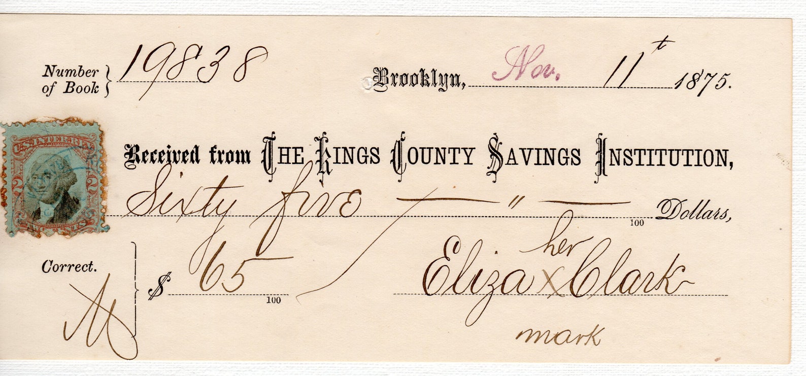 Antique Bank Check Cheque New York City 1875 Brooklyn Kings County ...