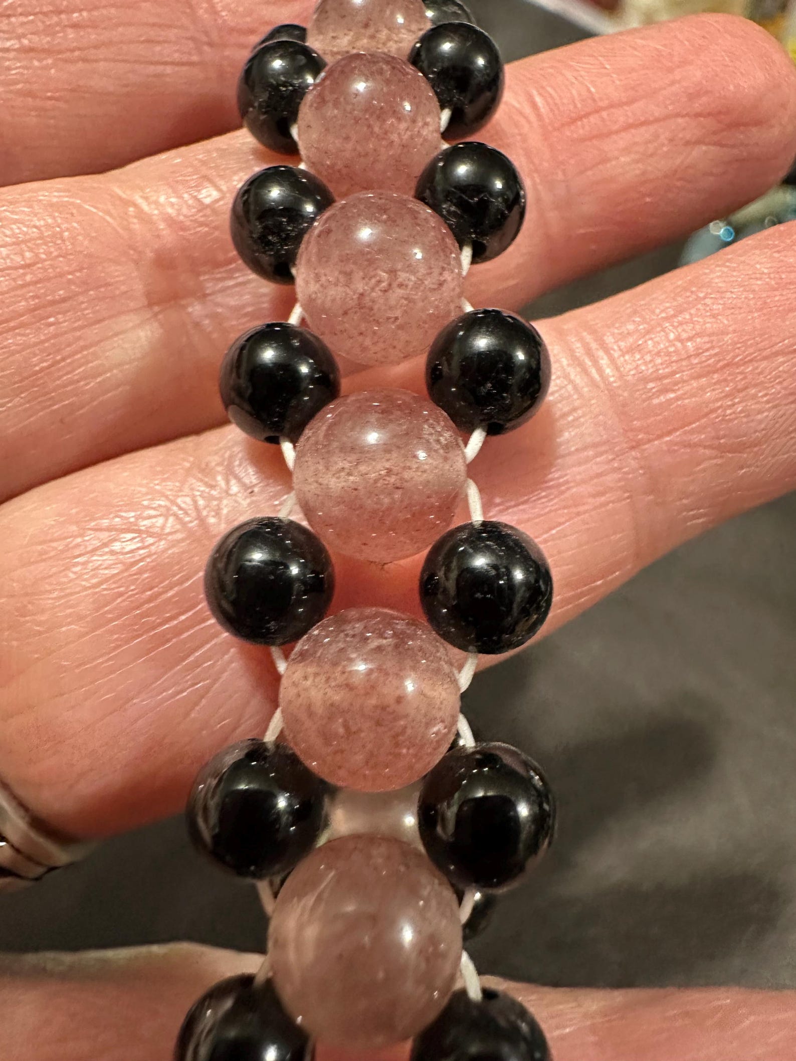 Strawberry Quartz and Black Tourmaline Three Weave Bracelet for Wrist ...