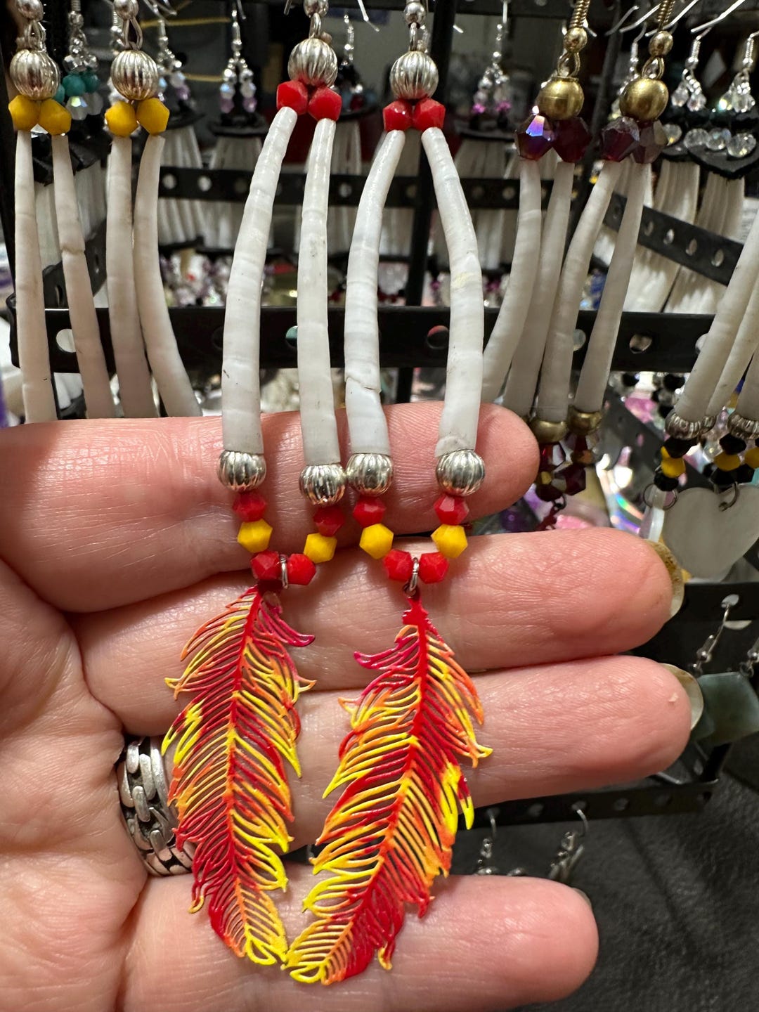 Red, Yellow, and Silver Dentallium Shell Earrings With Metal Painted ...