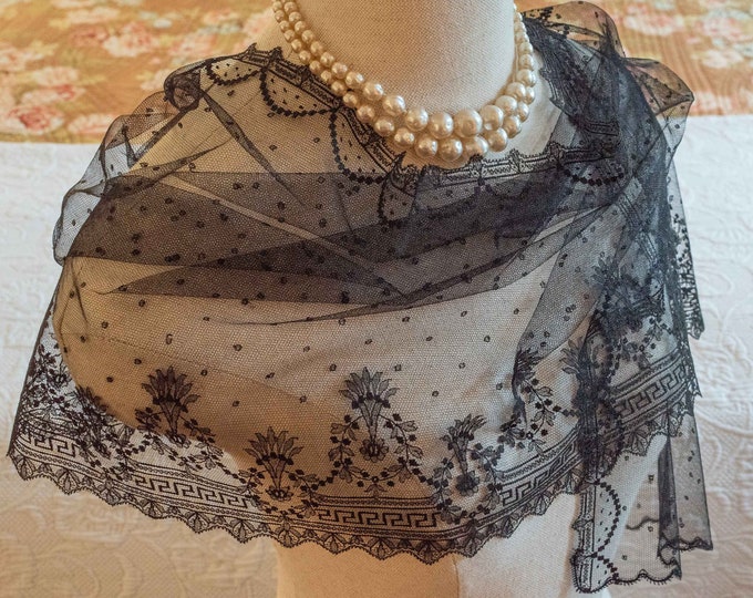 Victorian Black Lace Mourning Shawl, Bonnet or Chapel Veil, Polka Dots ...