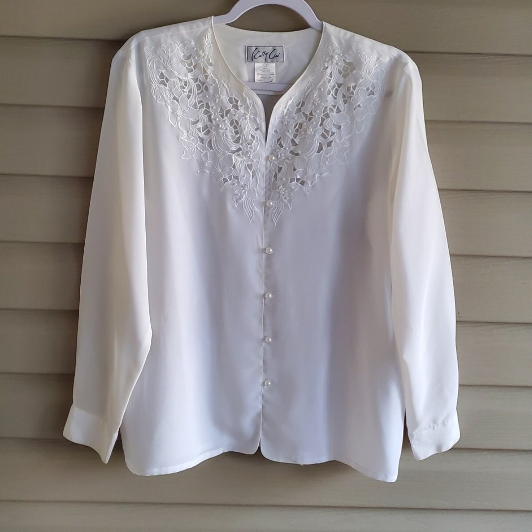Vintage 80's 90's 12P L White Ivory Floral Embroidered Pearl Beaded ...