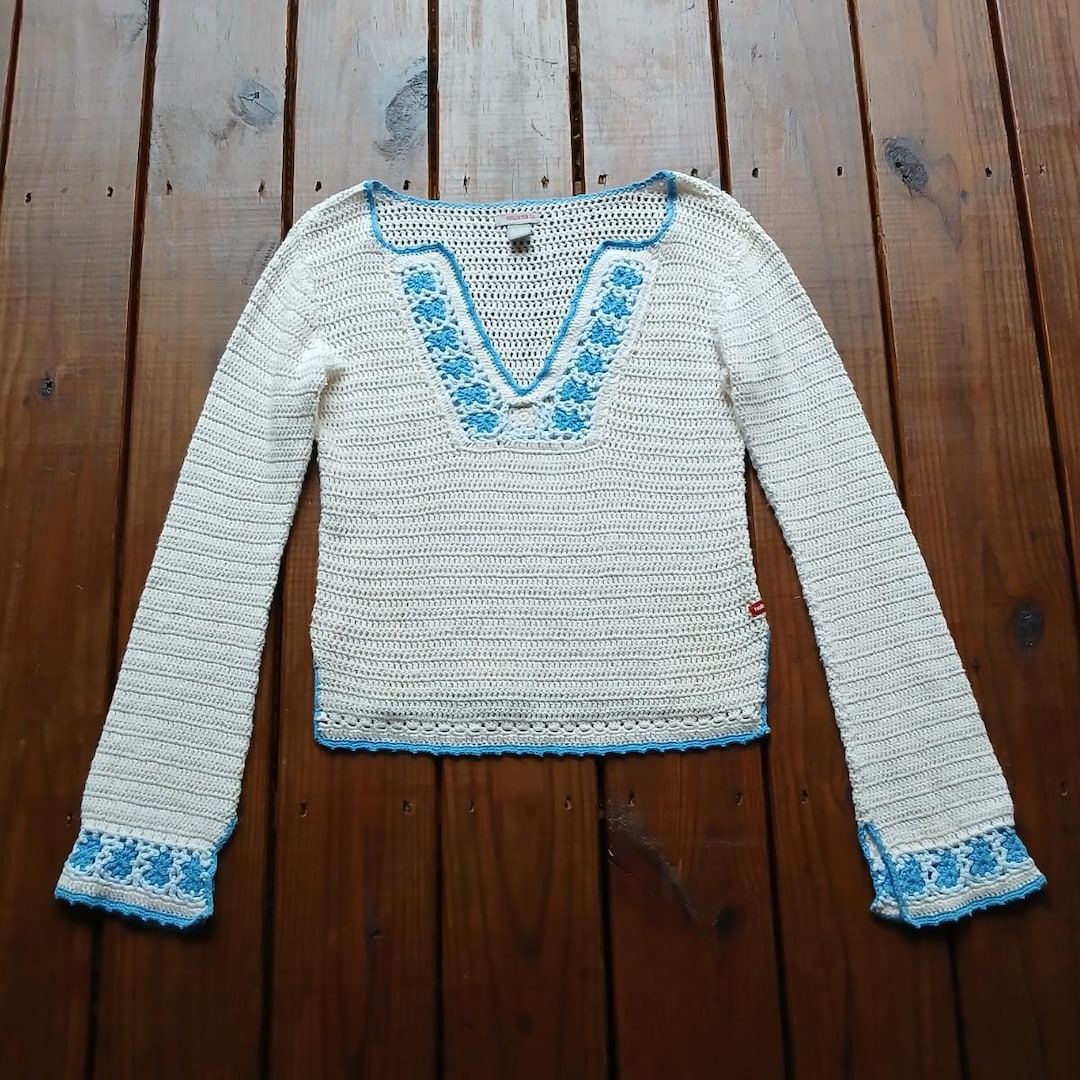 Vintage Y2K Size S/M Cream Open Crochet & Blue Granny Square Long Flare ...