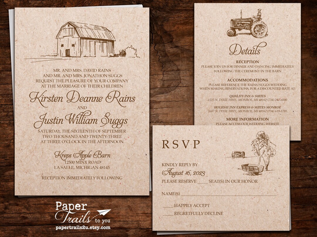 Rustic Barn, Farm, Country Wedding Invitation Set, Personalized ...
