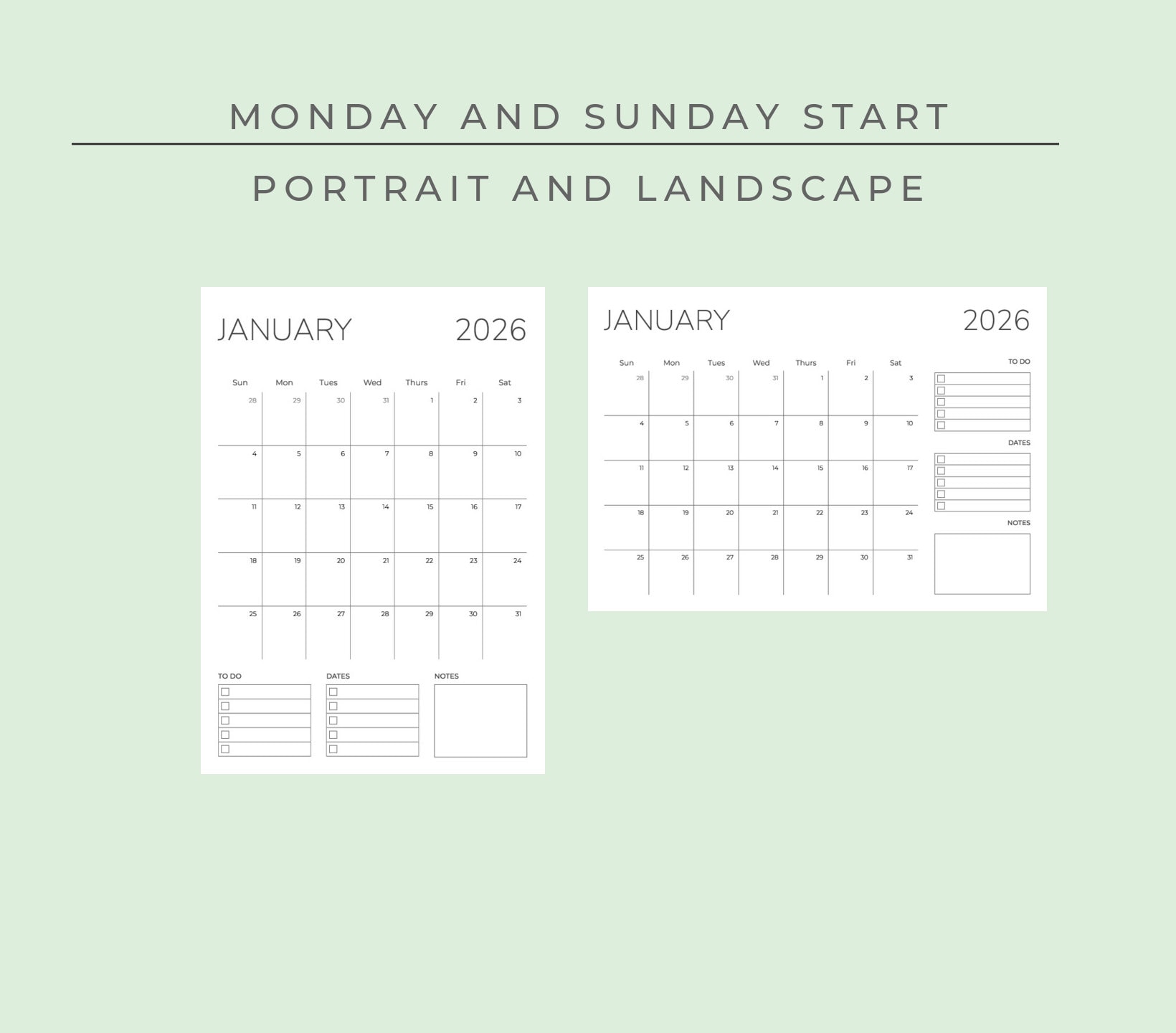 2026 PRINTABLE Calendar With Monday and Sunday Start Notes - Etsy