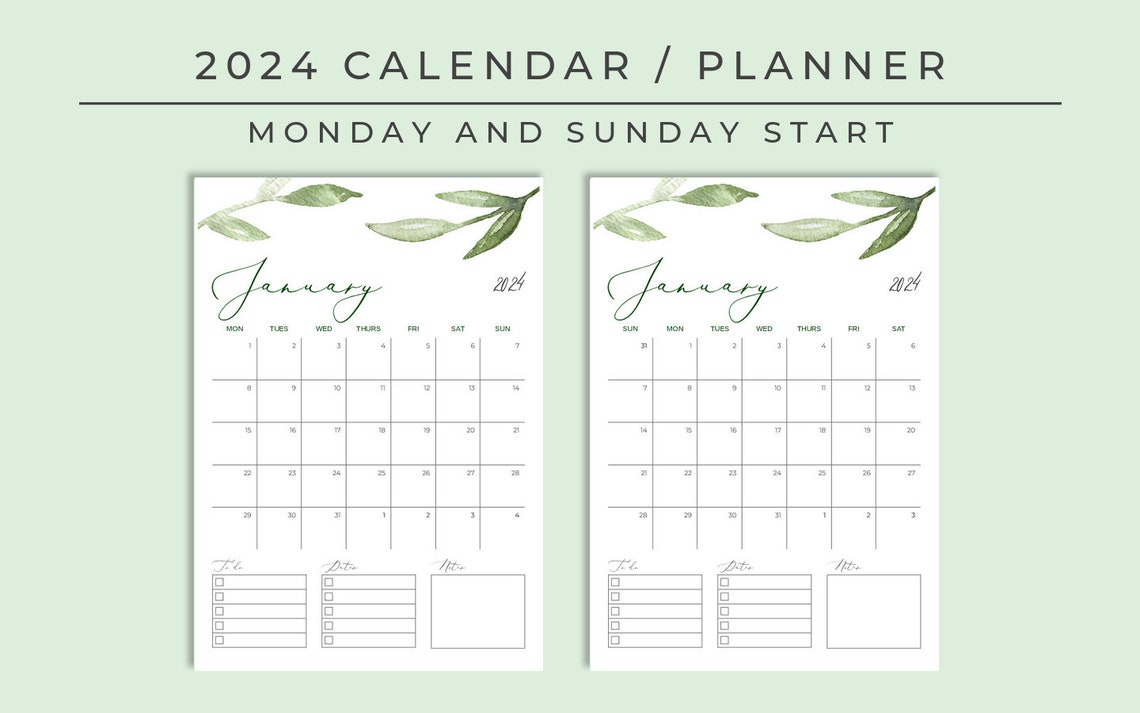 2024 Greenery Printable CALENDAR Monday and Sunday Start Versions A4 ...