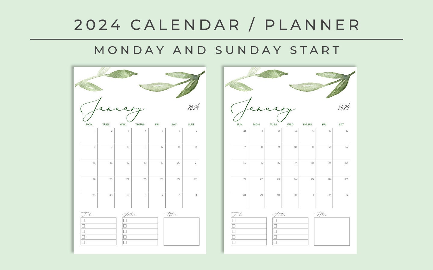 2024 Greenery Printable CALENDAR - Monday and Sunday Start Versions ...