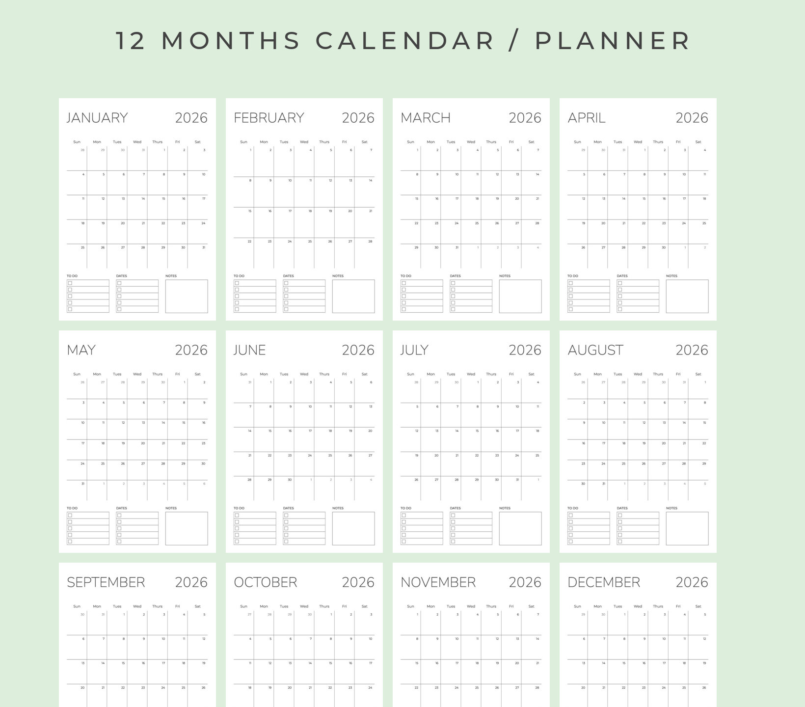 2026 PRINTABLE Calendar With Monday and Sunday Start - Notes, Dates and ...