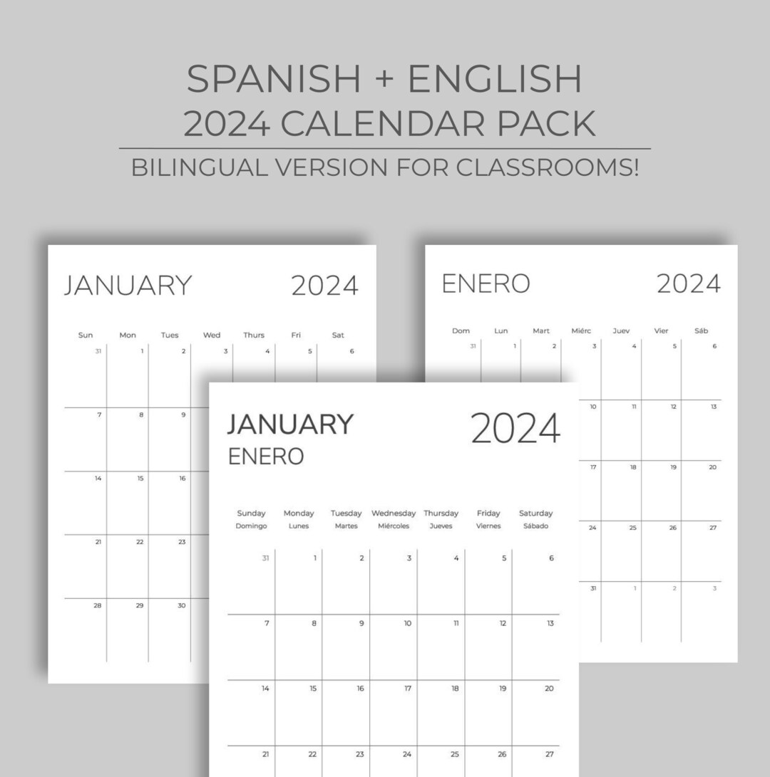 SPANISH ENGLISH Bilingual 2024 Calendar Pack Perfect for Classroom ...