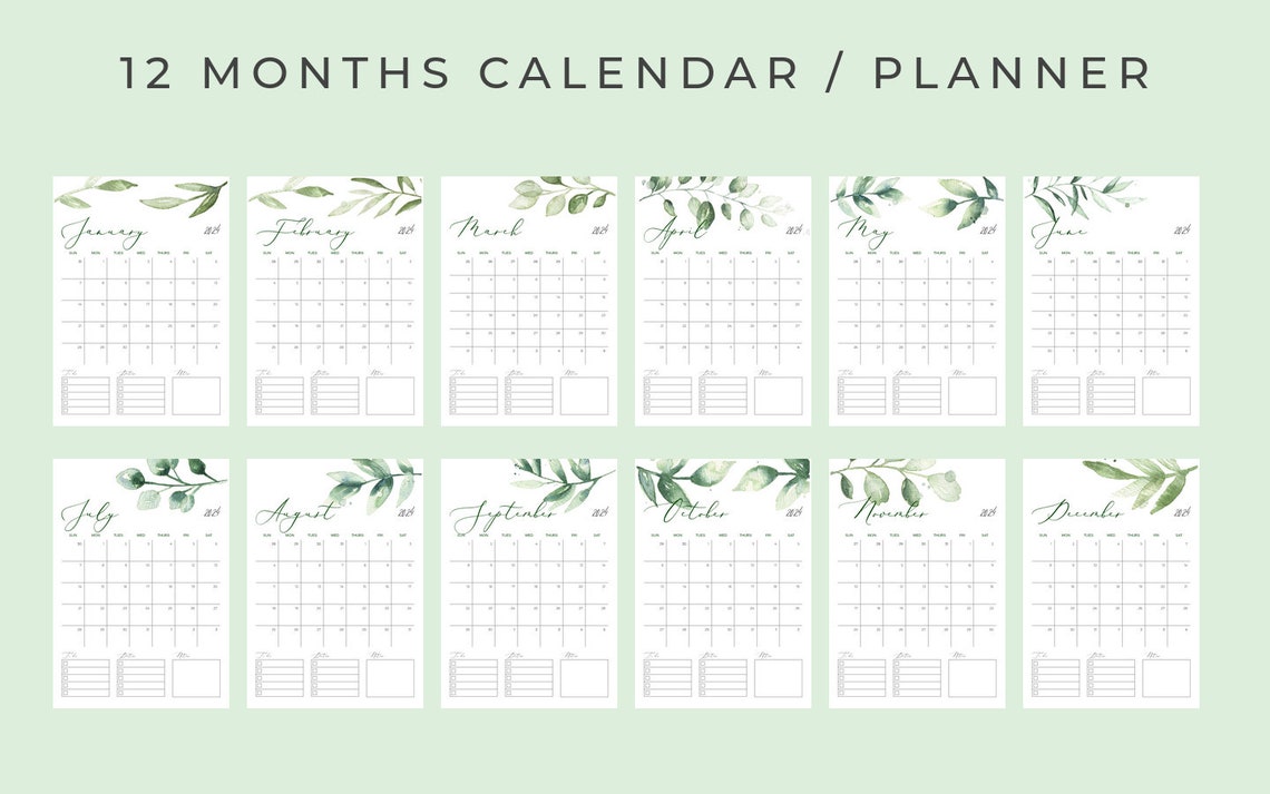 2024 Greenery Printable CALENDAR Monday and Sunday Start Versions A4 ...