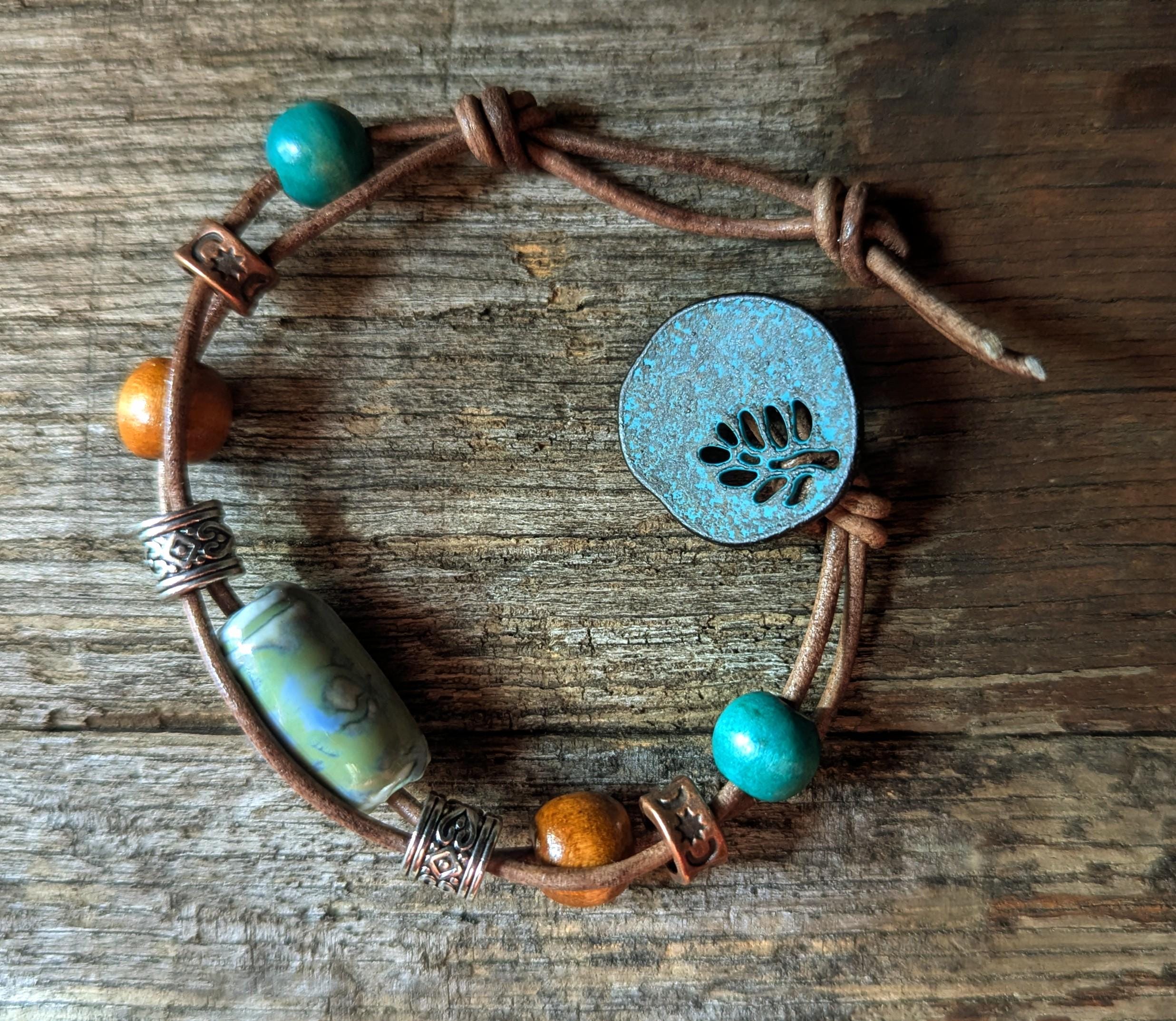 Leather Beaded Bracelet With Button Closure - Etsy