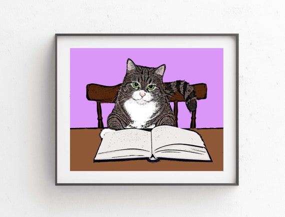 Book Cat Pop Art // Funny Book Cat Art // Cat Book // 10x8 | Etsy