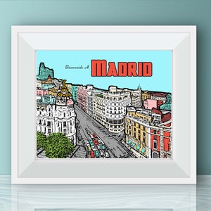 Madrid Cartoon Pop Art Skyline // Madrid Art // Fun Madrid Skyline Art ...