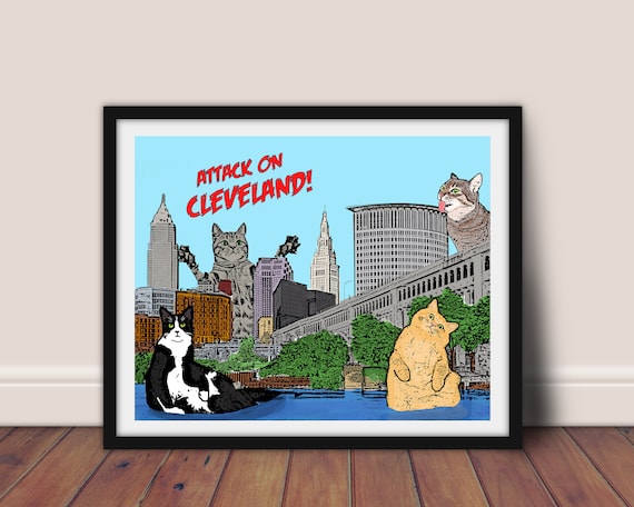 Cleveland Cat Pop Art // Cleveland Cat Skyline Art // - Etsy