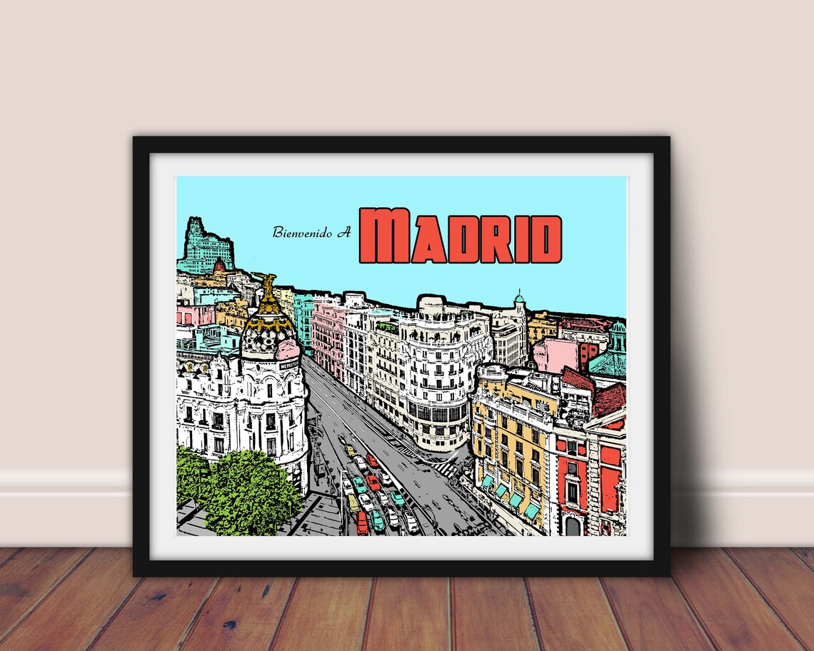 Madrid Cartoon Pop Art Skyline // Madrid Art // Fun Madrid Skyline Art ...
