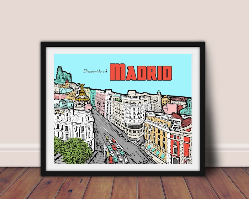 Madrid Cartoon Pop Art Skyline // Madrid Art // Fun Madrid - Etsy