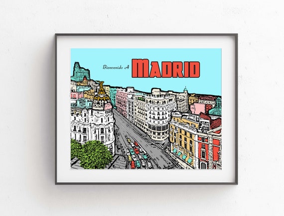 Madrid Cartoon Pop Art Skyline // Madrid Art // Fun Madrid | Etsy