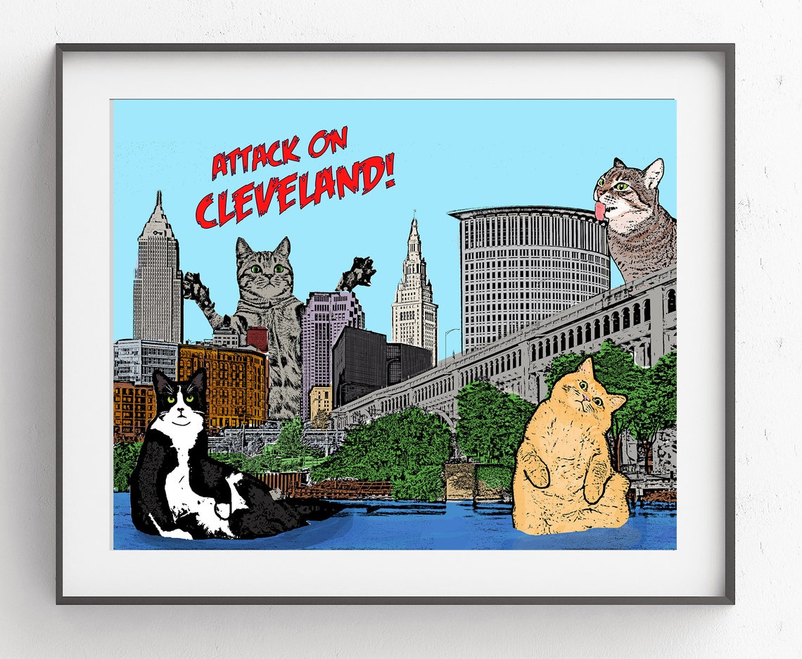 Cleveland Cat Pop Art // Cleveland Cat Skyline Art // Cleveland Skyline ...