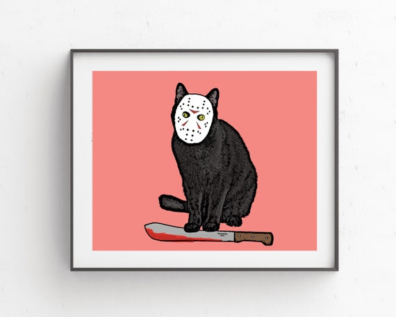 Horror Cat Friday the 13th Jason // Horror Movie Cat Art // - Etsy